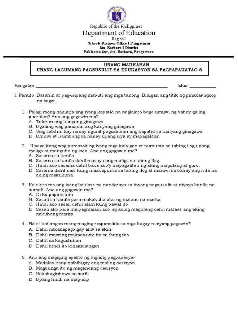 Unang Markahang Pagsusulit-Sa-Esp 6 | PDF