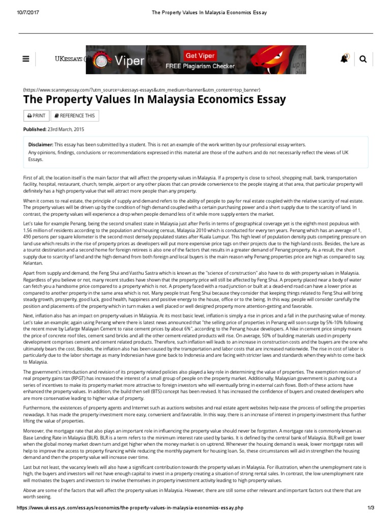 The Property Values in Malaysia Economics Essay | PDF | Mortgage Loan | Real Estate Appraisal