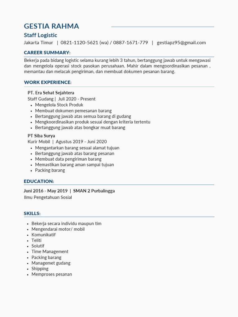 Contoh CV Staff Logistik dan Gudang | PDF | Karier & Perkembangan ...