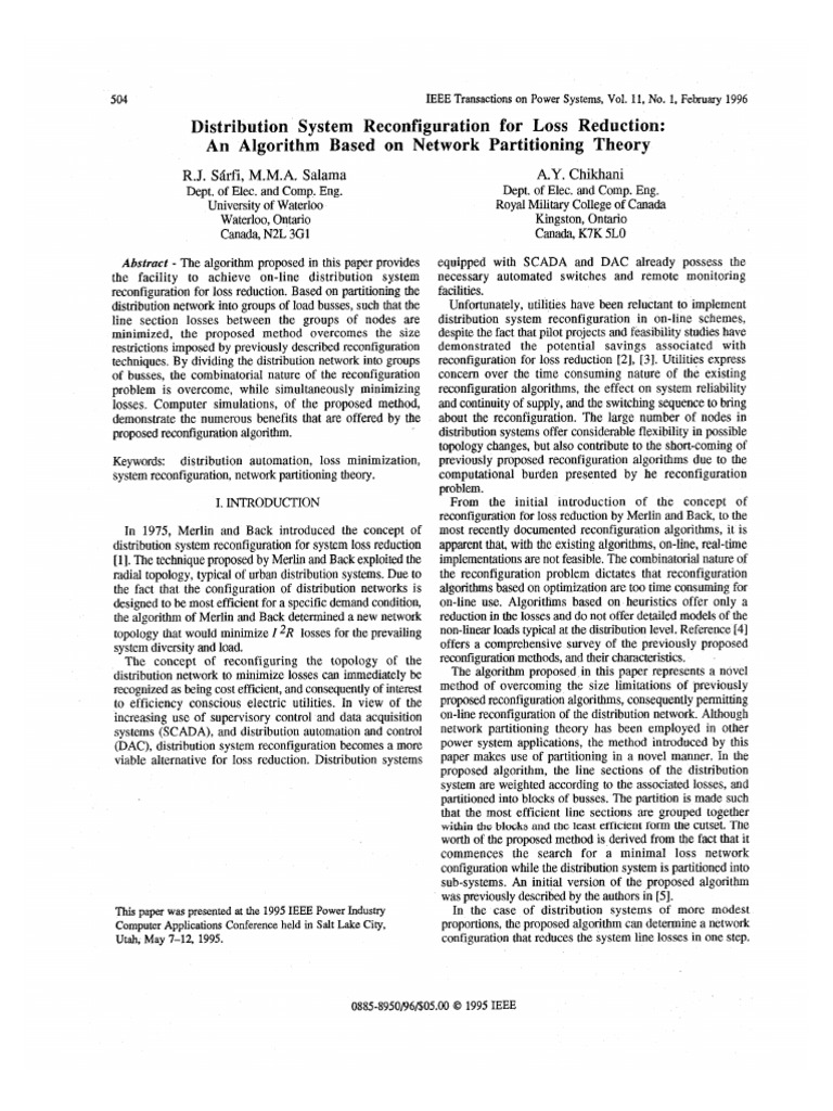 Distribution System Reconfiguration For Loss Pdf