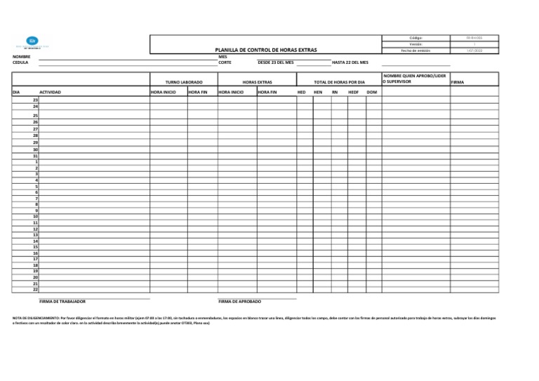 Formato Planilla de Control de Horas Extras | PDF