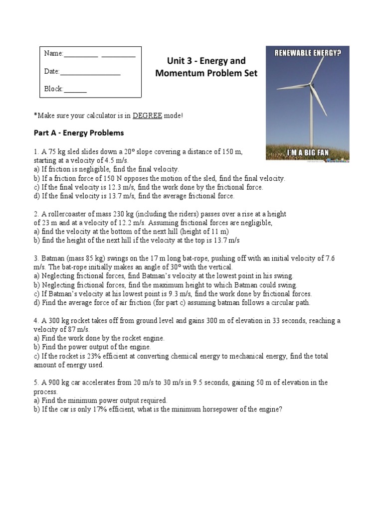 Energy and Momentum Problem Set | PDF | Friction | Force