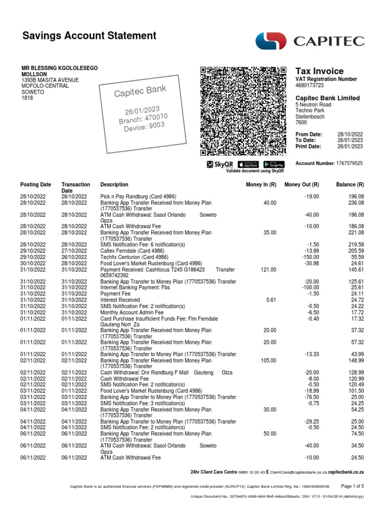 Savings Account Statement: Capitec B Ank | PDF | Credit Card ...