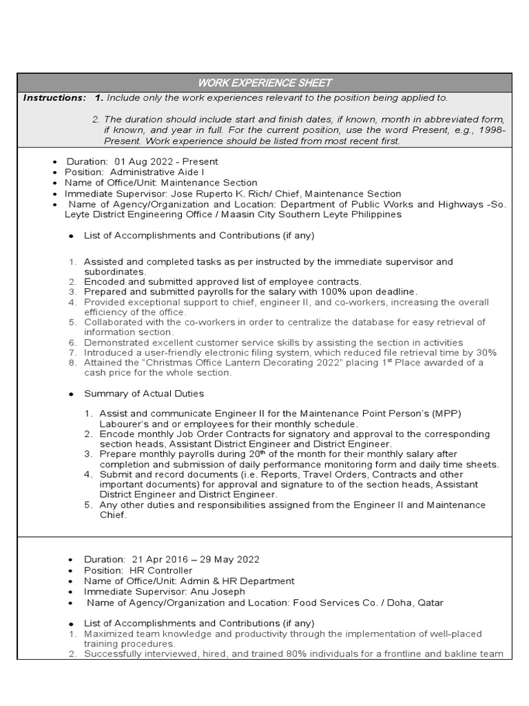 Work Experience Sheet: Instructions: 1. Include Only The Work ...