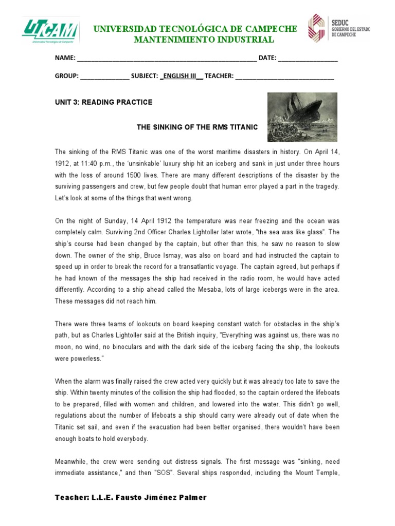 Reading Exercise Unit 3 | PDF | Rms Titanic | Shipping