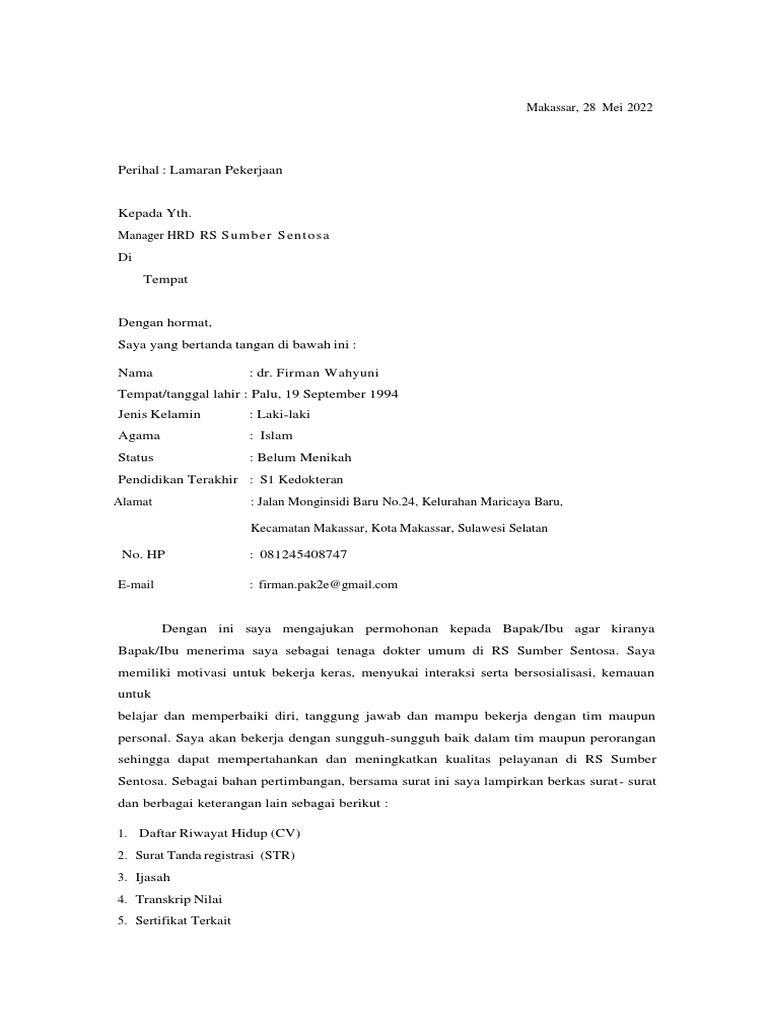 Surat Lamaran RS Sumber | PDF