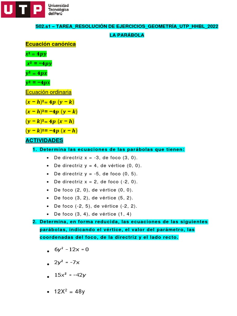 S02.s1 - TAREA - RESOLUCIÓN DE EJERCICIOS - LA PARÁBOLA - GEOMETRÍA - UTP - HHBL - 2022 | PDF