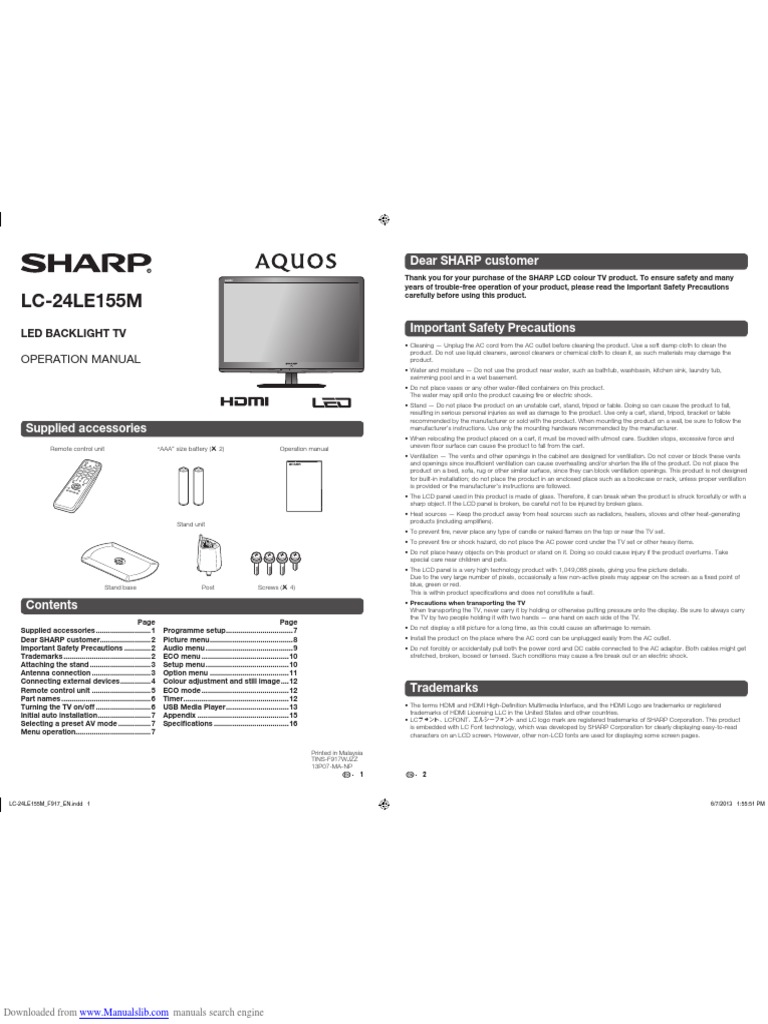 LC-24LE155M: Dear SHARP Customer | PDF | Set Top Box | Hdmi