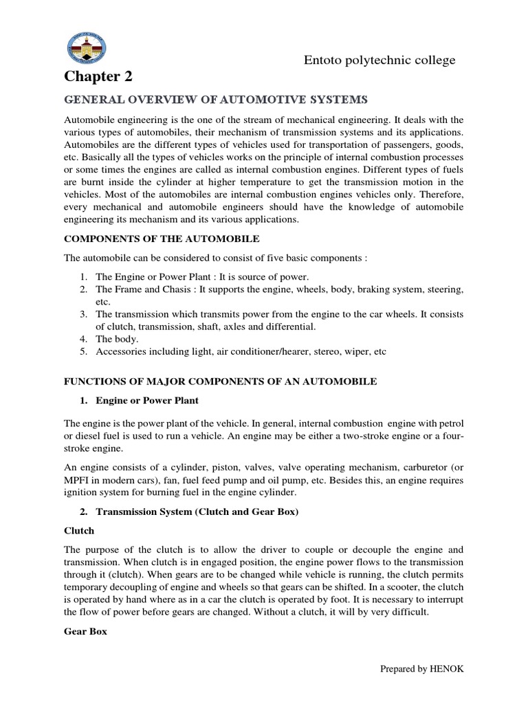 General Overview of Automotive Systems: Entoto Polytechnic College ...