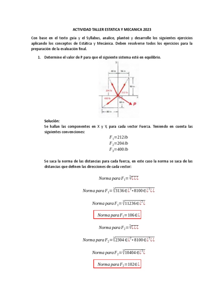Actividad Taller Estatica y Mecanica 2023 | PDF | Matemática Elemental | Álgebra