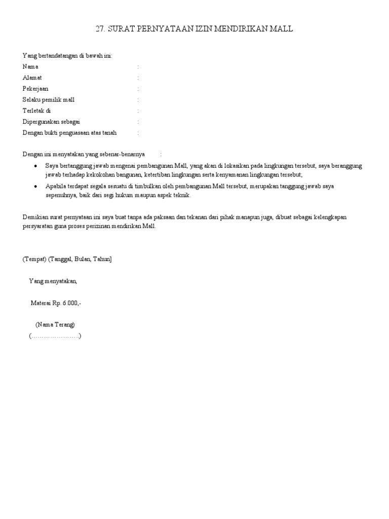 Surat Pernyataan Izin Mendirikan Mall | PDF