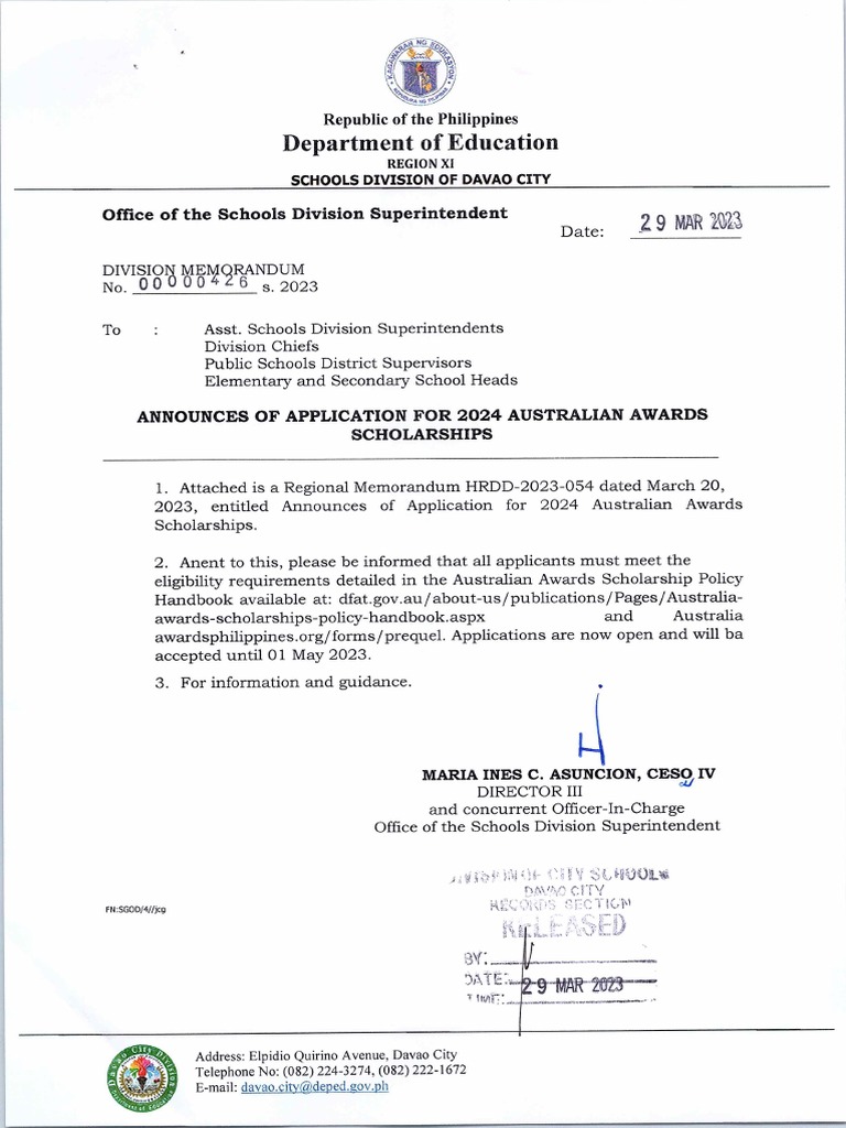 2023 DM No. 426 ANNOUNCES OF APPLICATION FOR 2024 AUSTRALIAN AWARDS SCHOLARSHIPS | PDF