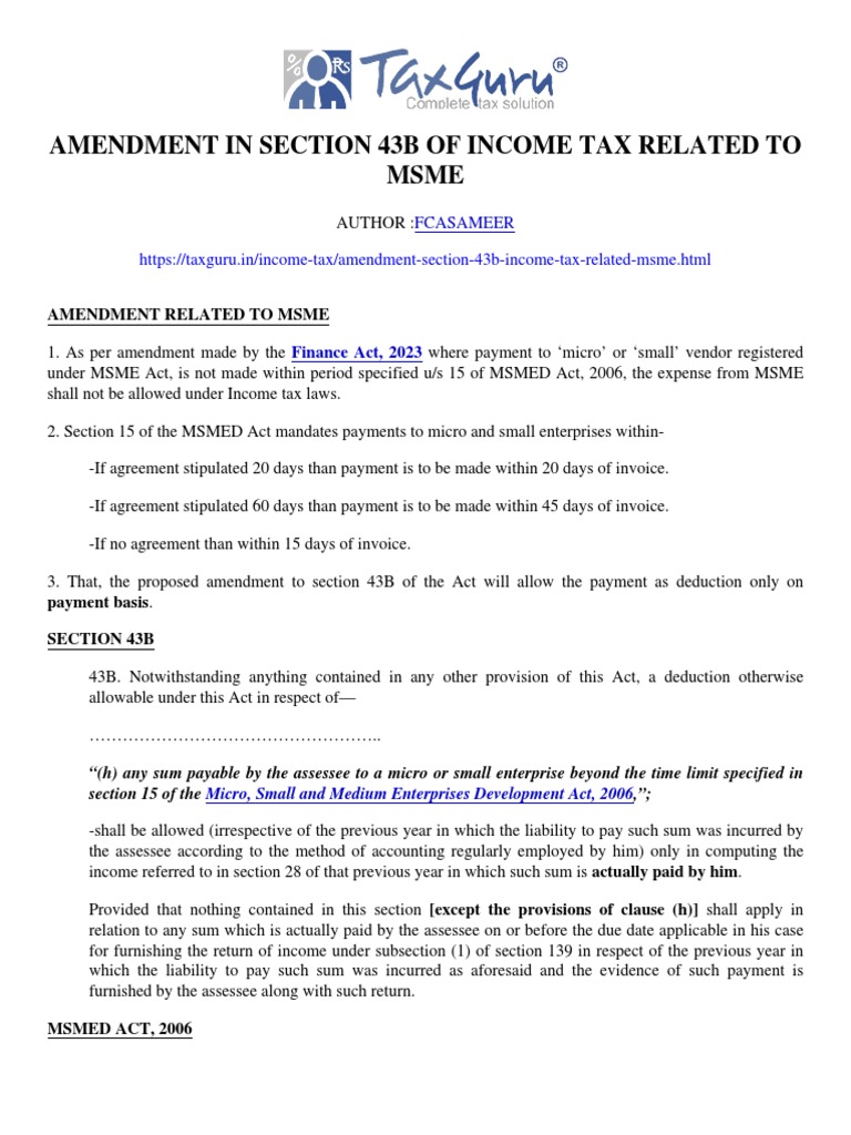 Amendment in Section 43B of Income Tax Related To MSME - Taxguru - in ...
