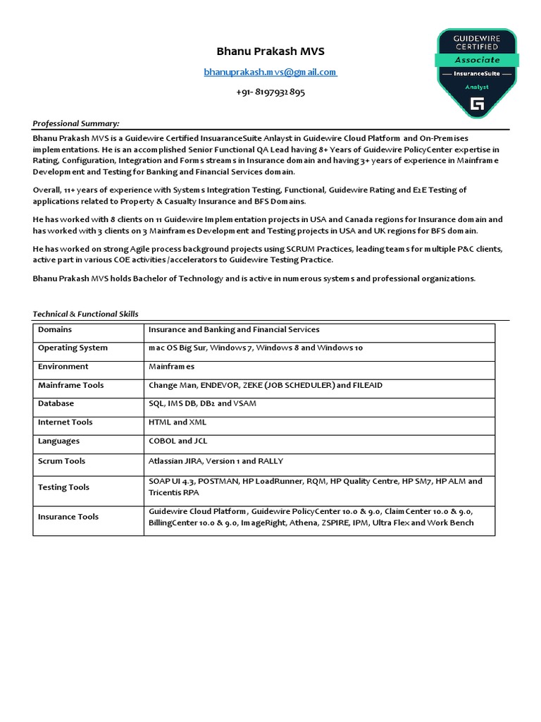 Bhanu Prakash MVS Gudewire QA Profile | PDF | Scrum (Software ...