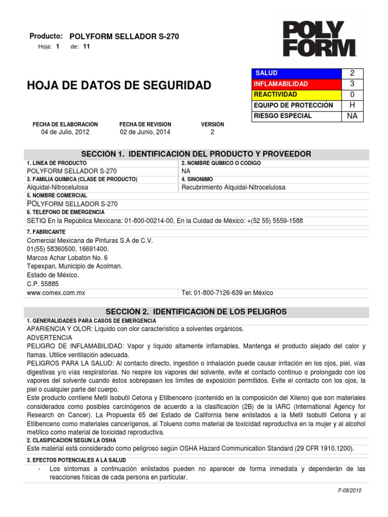 Hoja de Datos de Seguridad: Polyform Sellador S-270 | PDF | Agua | Residuos