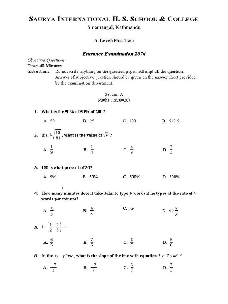 A Level Entrance Question 2073 Short | PDF | Multiple Choice
