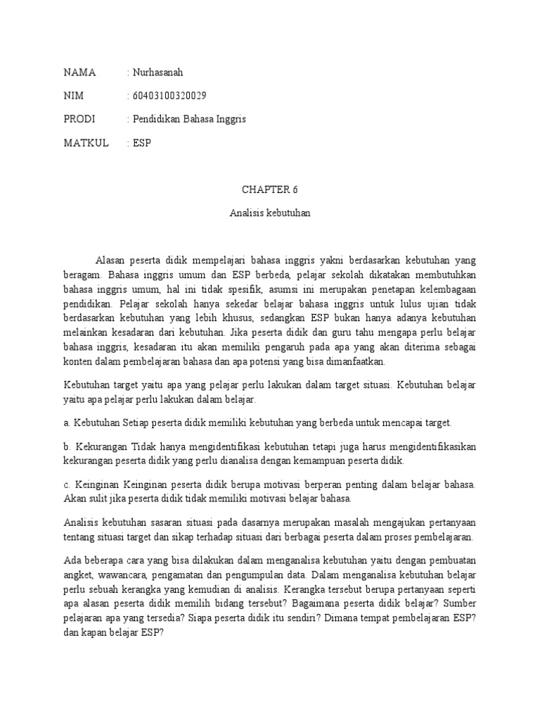 Esp-Chapter 6 7 Need Analysis and Approach To Course Design - Nurhasanah 6B | PDF