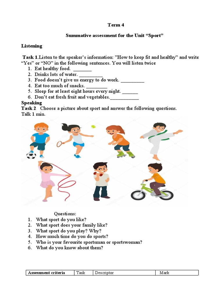 Term 4 Summative Assessment For The Unit "Sport" Listening | PDF ...