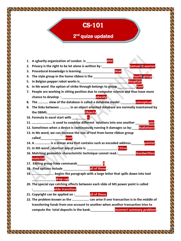 Cs101 2nd Quize Updated Pdf Microsoft Word Databases 
