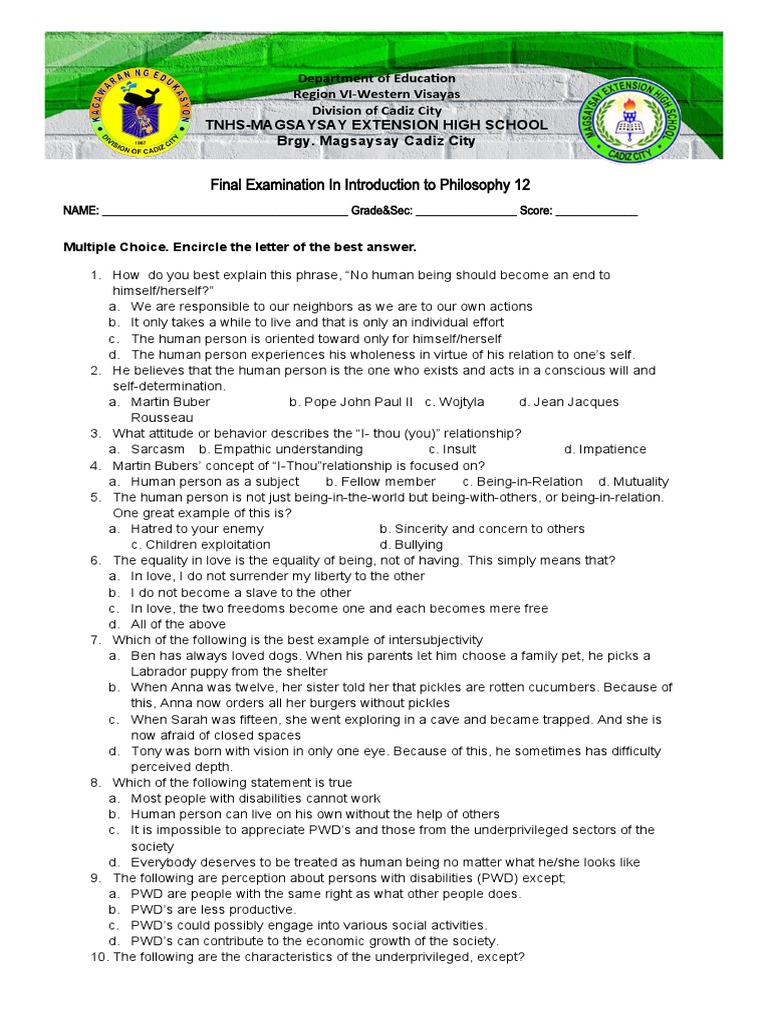 Final Examination in Introduction To Philosophy 12 | PDF | Id | Psychology