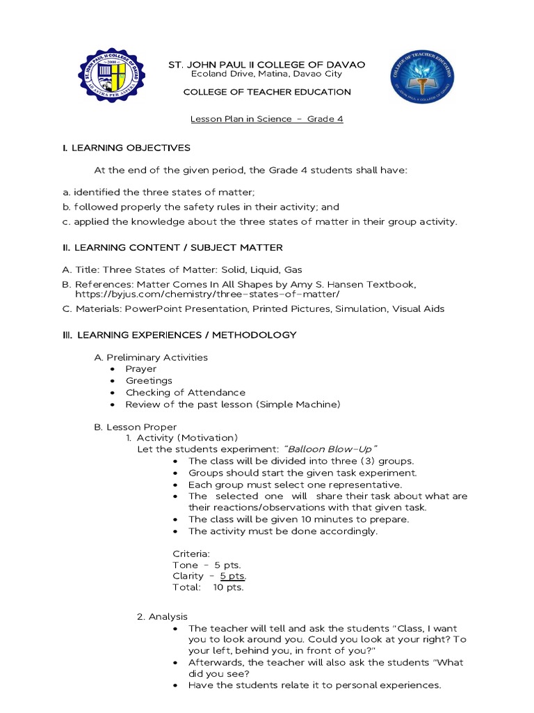 Grade 4 Science Lesson Plan: Matter | PDF | Liquids | Gases