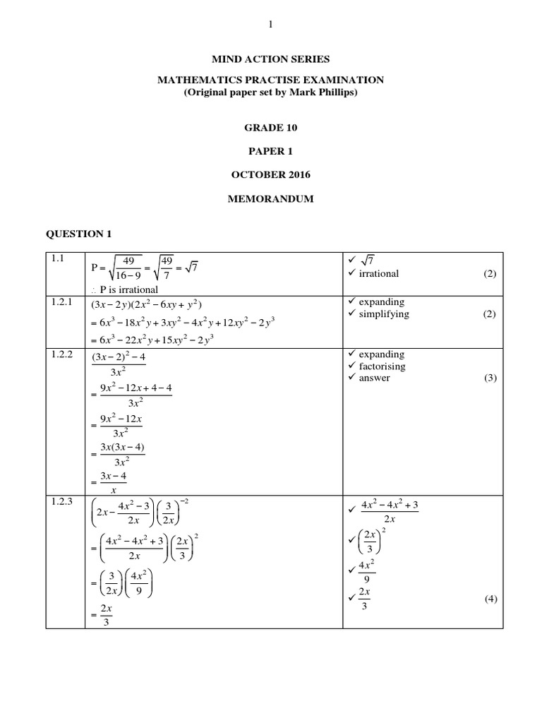 Mind Action Series Mathematics Practise Examination (Original Paper Set by Mark Phillips) | PDF ...