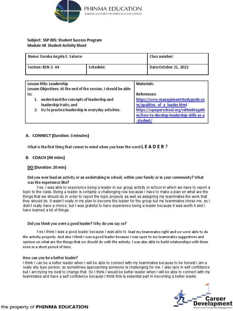 Subject: SSP 005: Student Success Program Module #8 Student Activity Sheet | PDF | Leadership ...