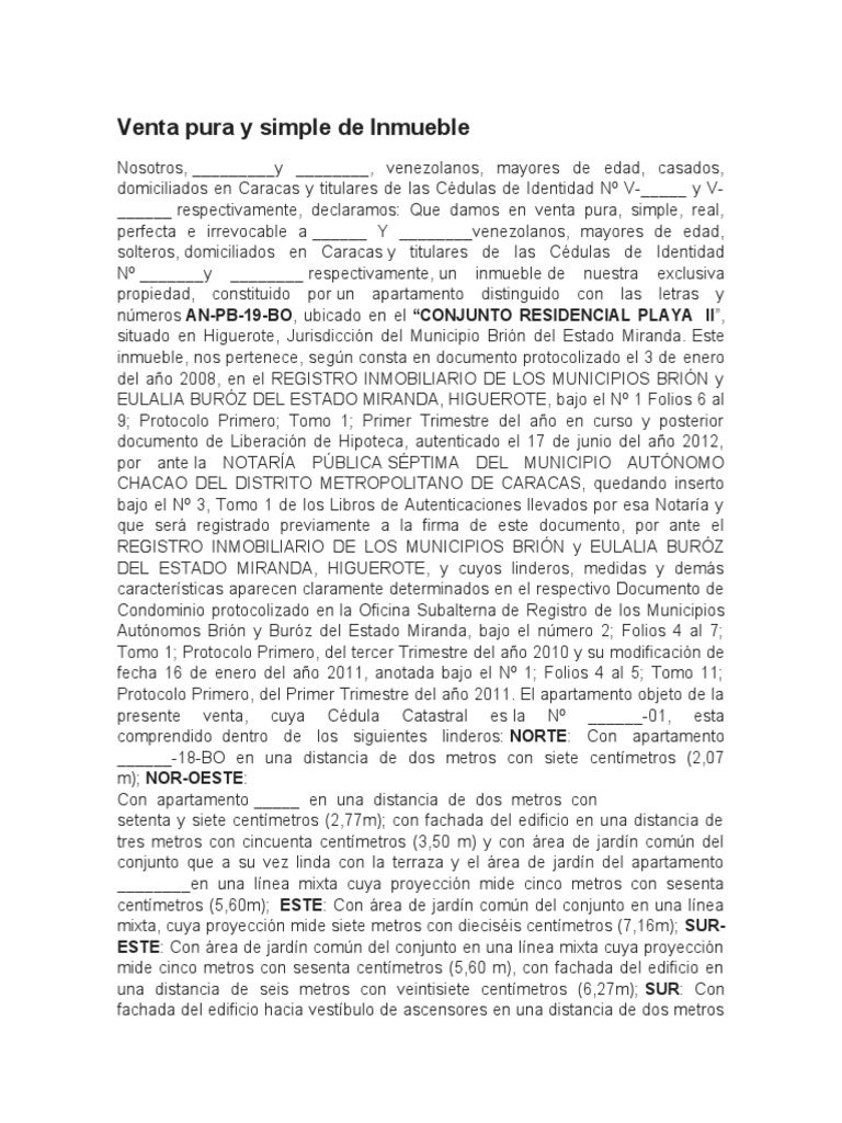 Venta Pura y Simple de Inmueble 4 | PDF | Derecho privado | Ley de bienes inmuebles