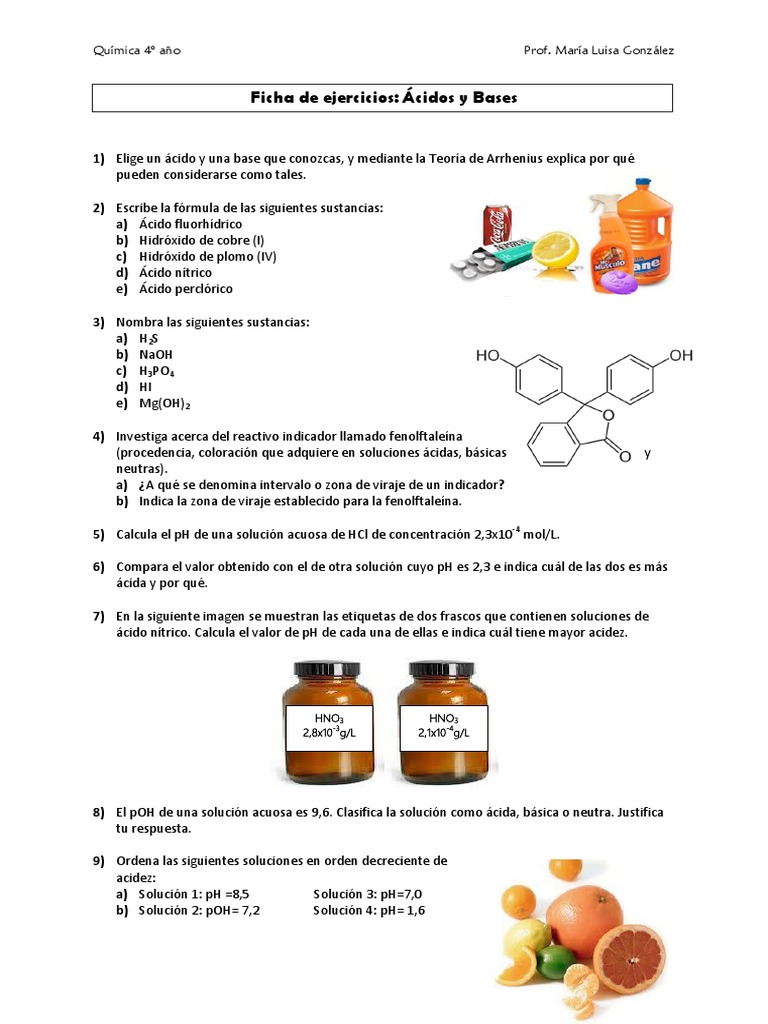 Ficha de Ejercicios Acidos y Bases | PDF Ficha de Ejercicios Acidos y Bases | PDF