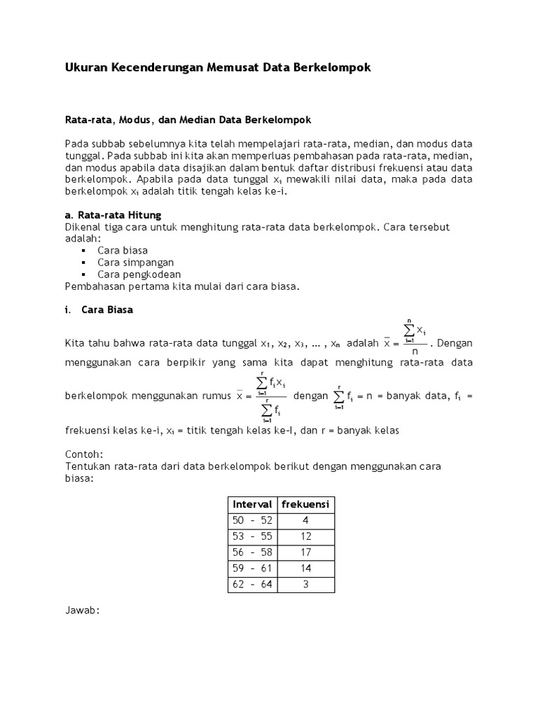 Ukuran Kecenderungan Memusat Data Berkelompok | PDF