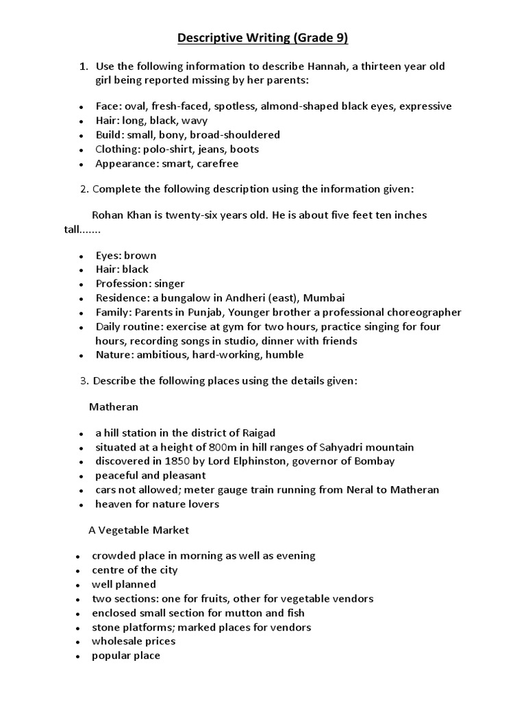Descriptive Writing Grade 9 | PDF