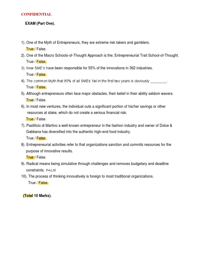 Exam - Entrepreneurship | PDF | Entrepreneurship | Psychology