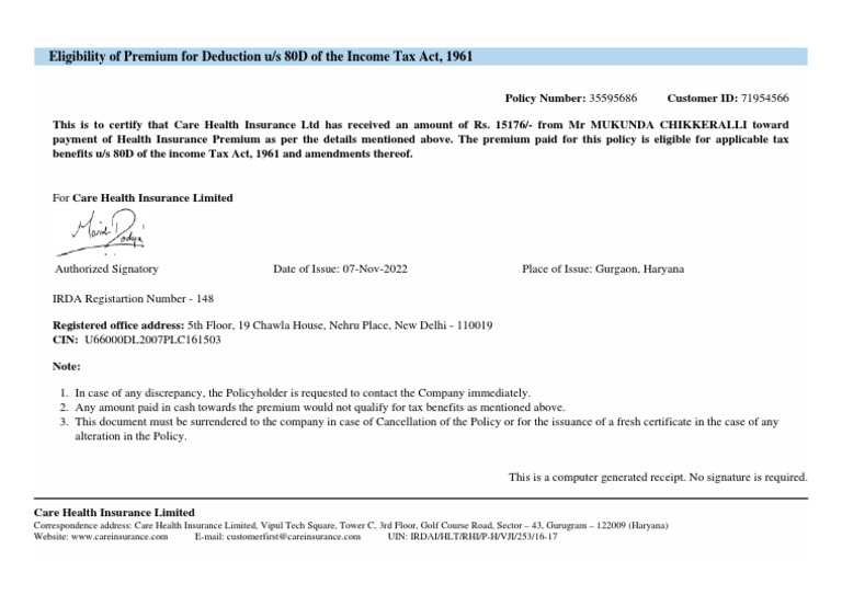 Tax Deduction Eligibility for Health Insurance Premium | PDF