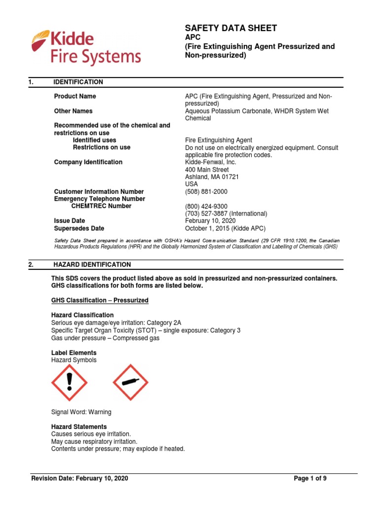 Kidde APC Fire Extinguisher SDS | PDF | Materials | Workplace