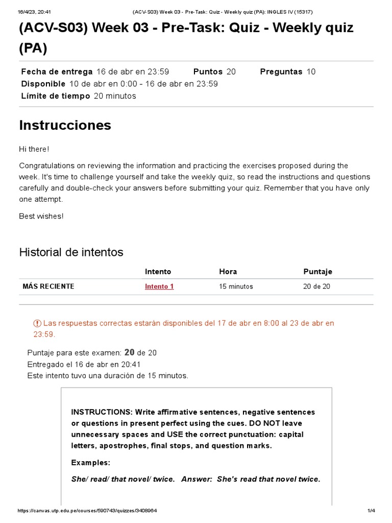 (ACV-S03) Week 03 - Pre-Task: Quiz - Weekly Quiz (PA) : Historial de Intentos | PDF ...