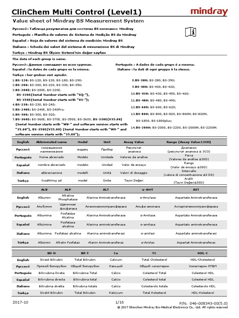Clinchem Multi Control (Level1) : Value Sheet of Mindray Bs Measurement ...
