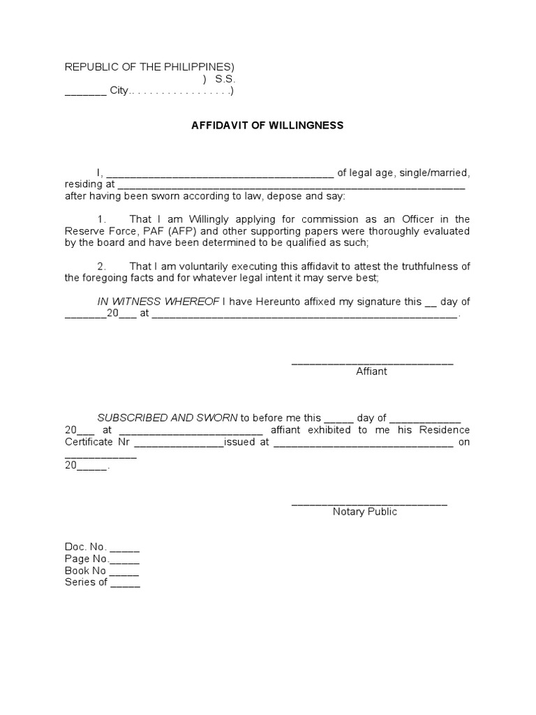 Affidavit of Willingness Format | PDF