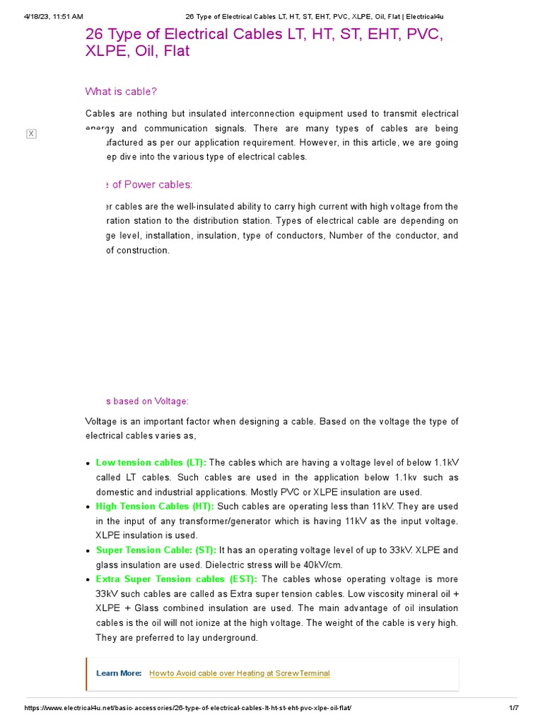 26 Type of Electrical Cables LT, HT, ST, EHT, PVC, XLPE, Oil, Flat ...