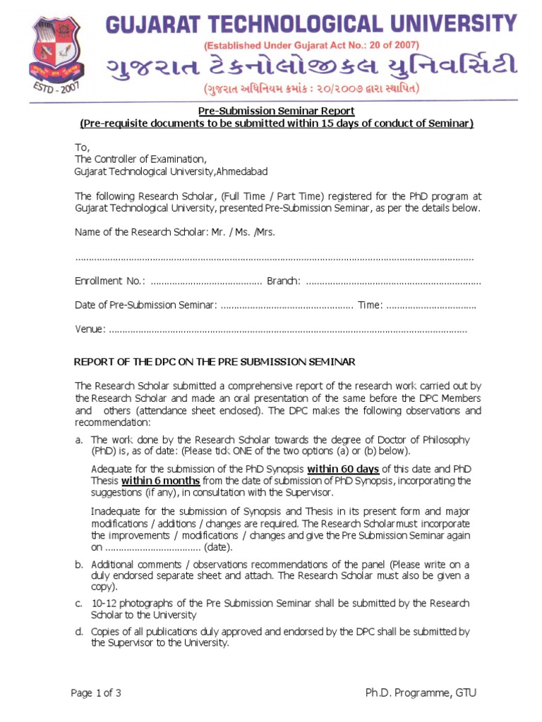Format - Pre-Submission Seminar Report - 121718 | PDF | Thesis | Doctor Of Philosophy