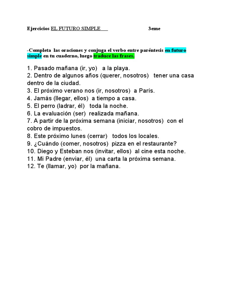 Ejercicios de Futuro Simple en Español | PDF | Estudios de idiomas ...