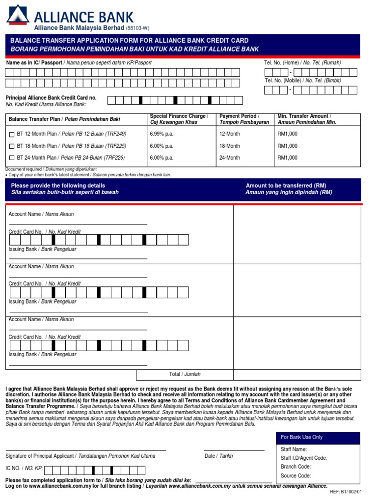 Alliance Bank Malaysia Berhad Balance Transfer Application Form ...