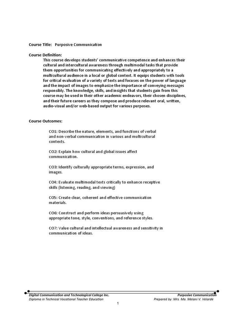 Course Title: Purposive Communication Course Definition | PDF