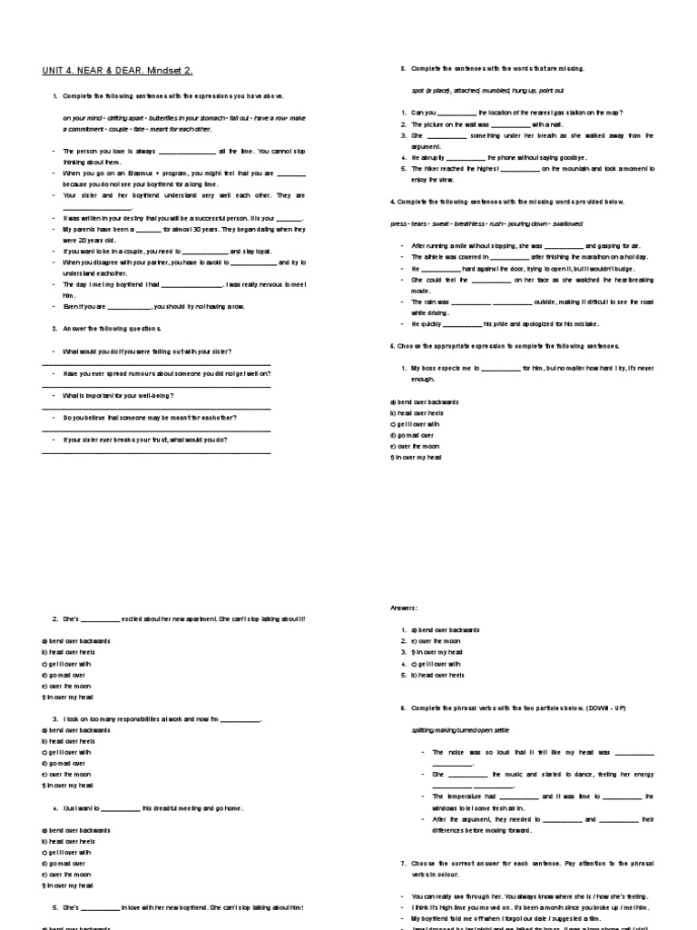 Review Unit 4 Vocabulary and Phrasal Verbs. Mindset 2 | PDF
