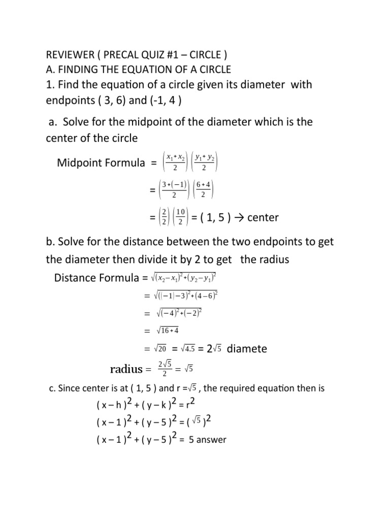 REVIEWER in PRECALCULUS CIRCLE | PDF | Circle | Equations