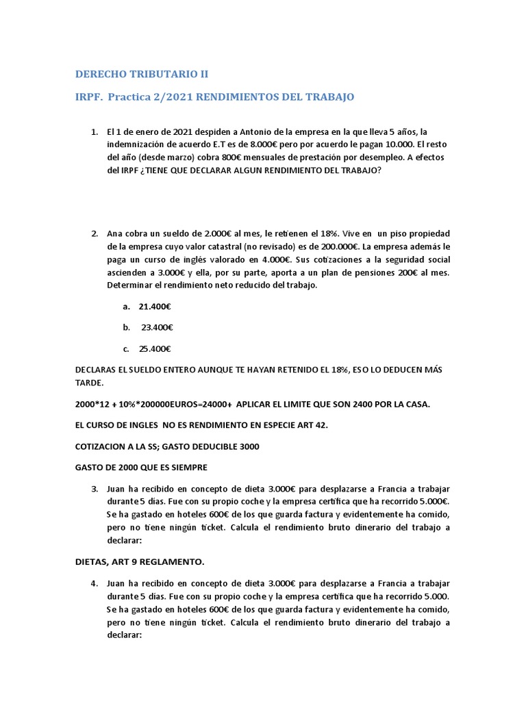 Derecho Tributario Ii Irpf. Practica 2/2021 Rendimientos Del Trabajo | PDF | Pensión | Salario