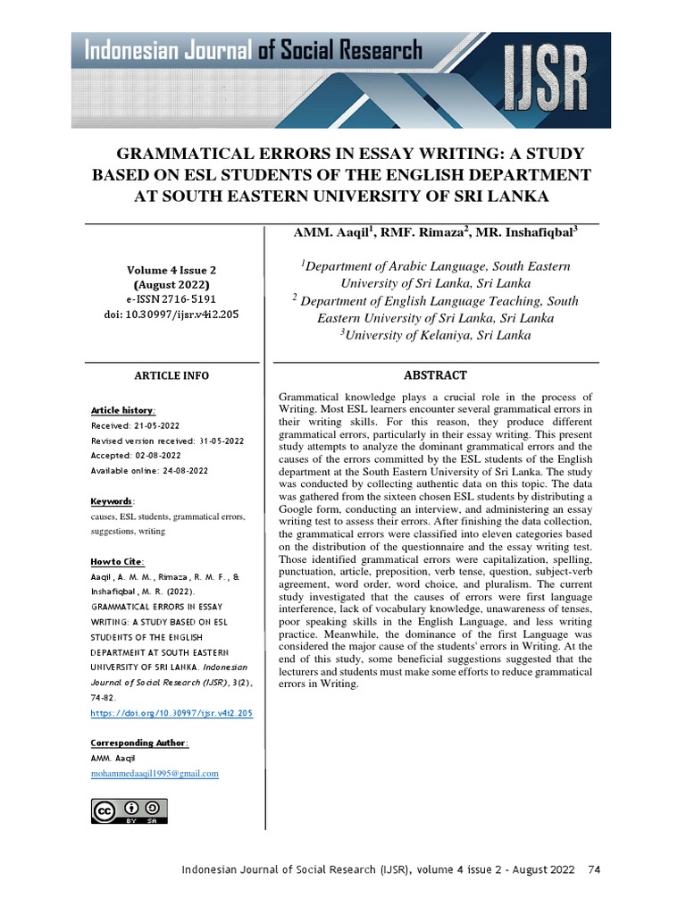 Grammatical Errors in Essay Writing: A Study Based On Esl Students of The English Department at ...