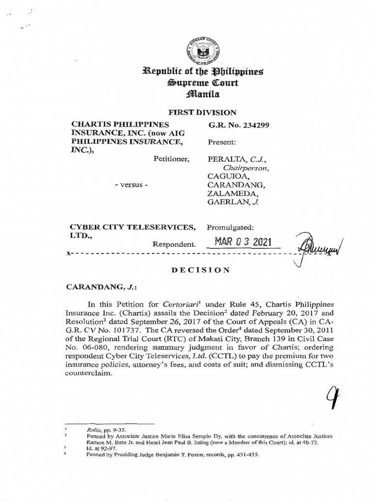 Chartis vs. Cyber City Insurance Case | PDF | Insurance | Lawsuit