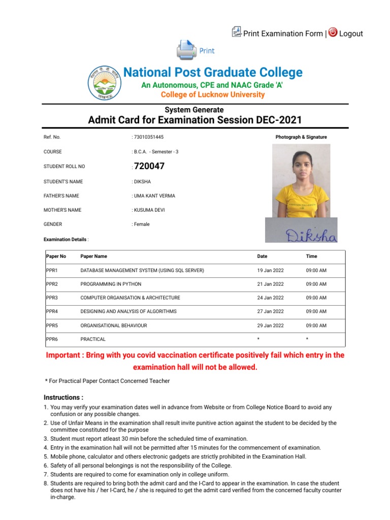 National Post Graduate College: Admit Card For Examination Session DEC ...