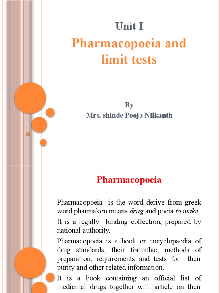 Pharmacopoeia and Limit Tests Overview | PDF | Chemistry | Pharmacy