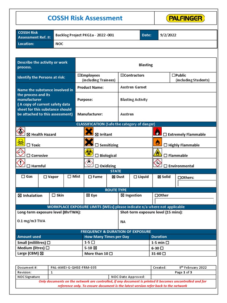 Cossh Risk Assessment - Austren Garnet | PDF | Personal Protective ...